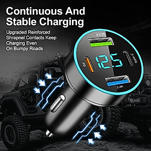 4-in-1 Fast Car Charger,PD/QC3.0/Type C Car Charger Fast Charging,Universal Car Phone Charger Cigarette Lighter USB Charger with Blue LED & Voltmeter for Car Truck SUV (QC3.0+Type-C+PD+2.4A)