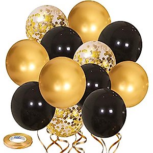 Kalyerparty Black and Gold Balloons-50pcs 12 inch Gold Confetti Balloons - Black Latex Balloons for Birthday Wedding Baby Shower Celebration Graduation Party Balloons