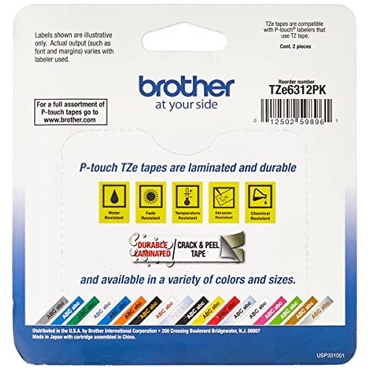 Brother Genuine P-Touch, TZe-6312Pk Tape ½” (12mm) 2-Pack Laminated P-Touch Tape, Black On Yellow Perfect for Indoor Or Outdoor Use, Water Resistant, 26.2 Ft. (8M)