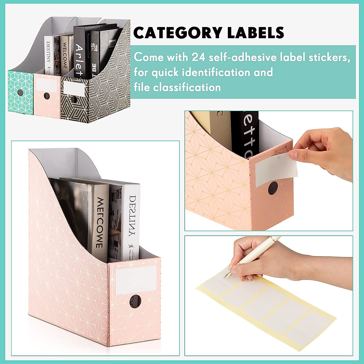 Sherr 12 Pieces Foldable Magazine File Holder with Label Holder Geometrical Accents Cardboard Magazine File Boxes with 24 Pcs Labels Classroom Magazine File Organizers for Office Mailrooms Storage