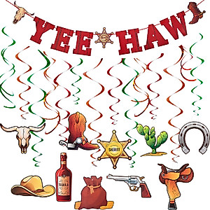 Western Cowboy Party Decoration Kit - Cowboy Yee Haw Garland Banner, Hanging Swirls Foil Swirls for Cowboy Theme Party Birthday Party Baby Shower Ceiling Decorations