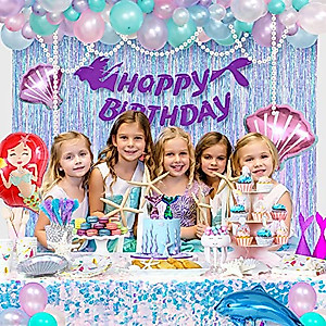 Winrayk 102Pcs Little Mermaid Birthday Decorations Party Supplies Girl Mermaid Balloon Arch Fringe Curtain Pearl String Birthday Banner Dolphin Shell Mermaid Tail Ocean Ariel Mermaid Party Decorations