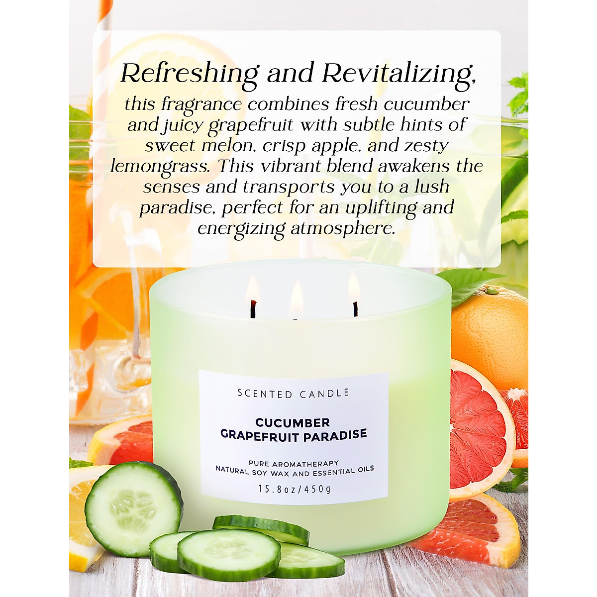 Cucumber Grapefruit Paradise Large Candle - 3 Wick Candle - Highly Scented Candle for Home 15.8 Oz - Natural Soy Candle Long Lasting, Clean Burn - Aromatherapy Stress Relief Candle for Men & Women