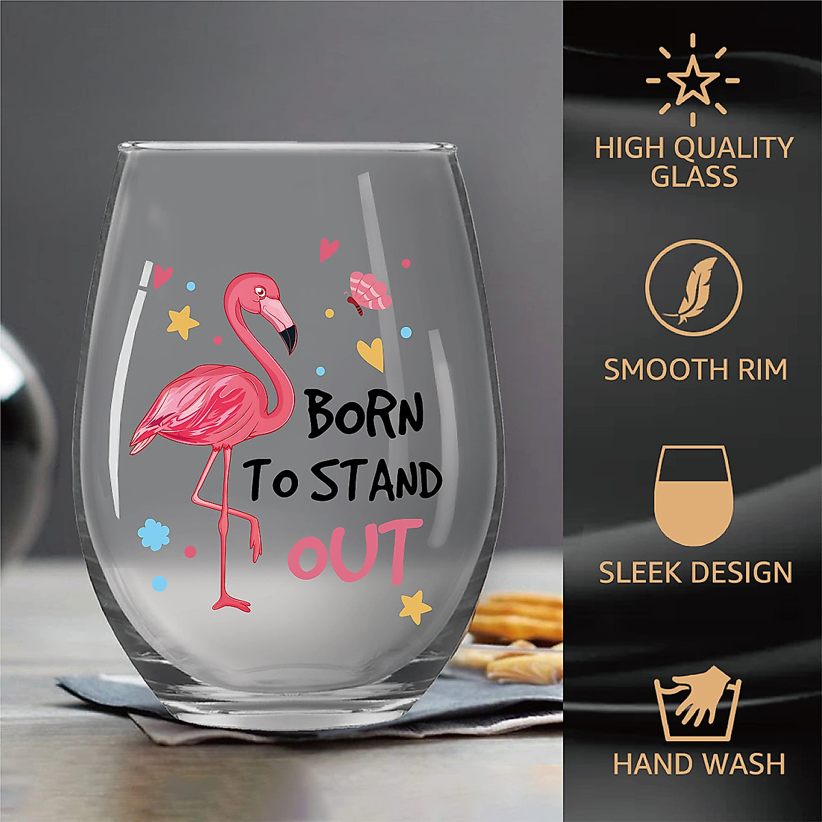 Pishovi Born To Stand Out Wine Glass with Gift Box, Fun Pink Flamingo Stemless Wine Glass, Birthday Gift for Women, Christmas Anniversary Birthday Gift for Sister Mom Aunt Grandma BFF