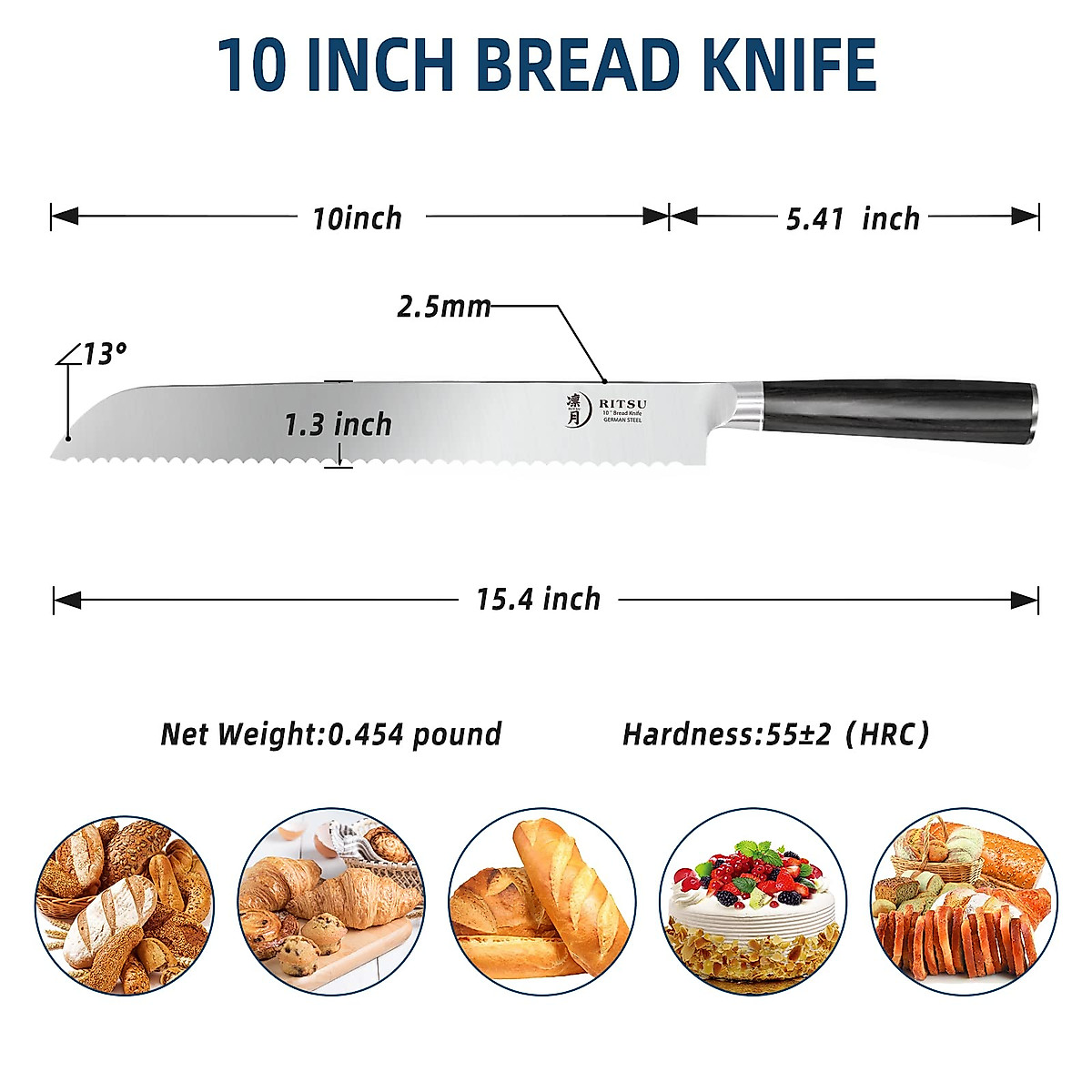 RITSU Bread Knife 10 Inch Serrated Knife, Professional Serrated Bread Knife, German High Carbon Steel Bread Slicer with Ergonomic Handle for Homemade Bread Slicing