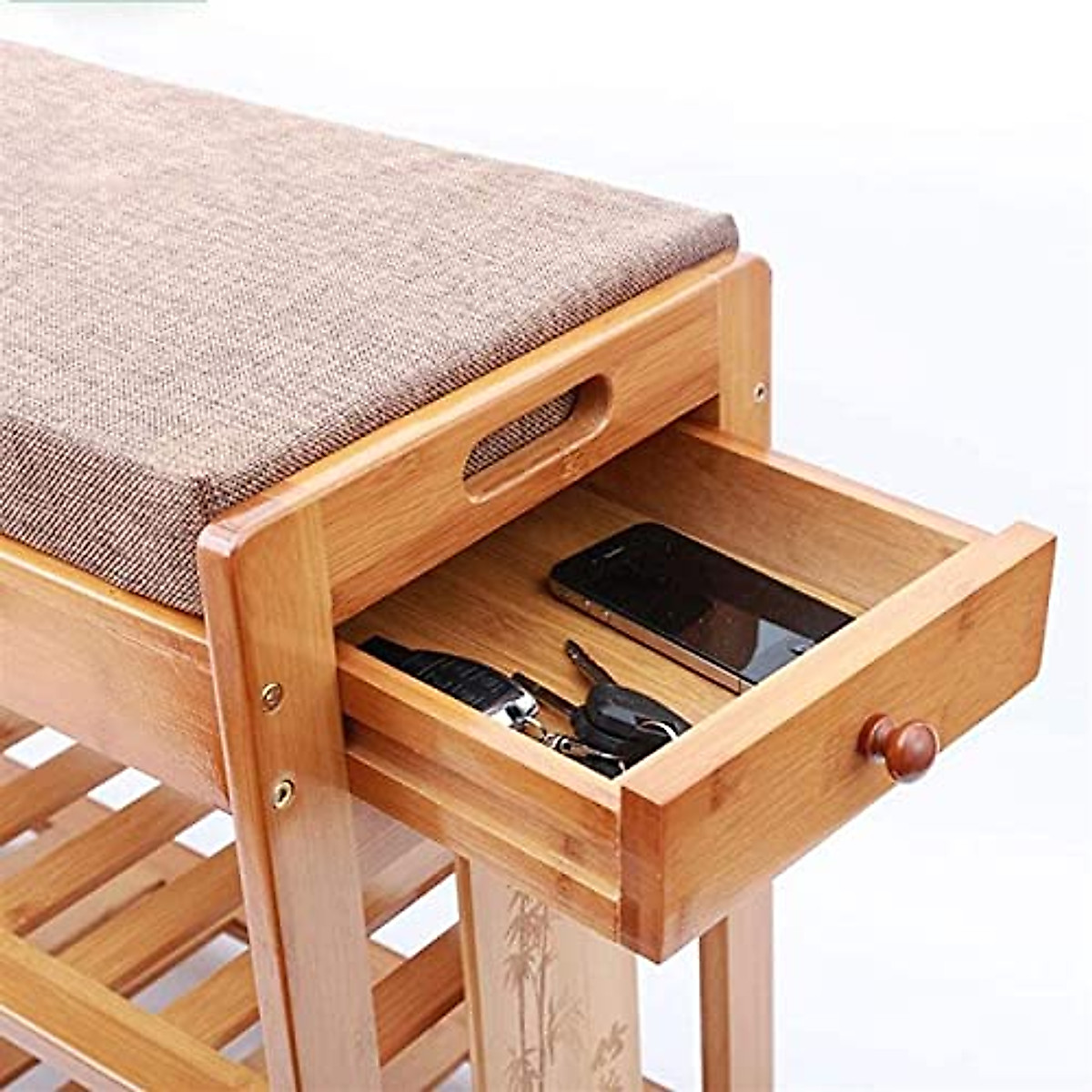 llibnn 2-Tier Bamboo Shoe Bench Holder with Seat Cushion Heavy Duty Shoe Storage Organizer with Drawer for Closet Entryway Hallway (Size : 70cm) (Size : 70cm)