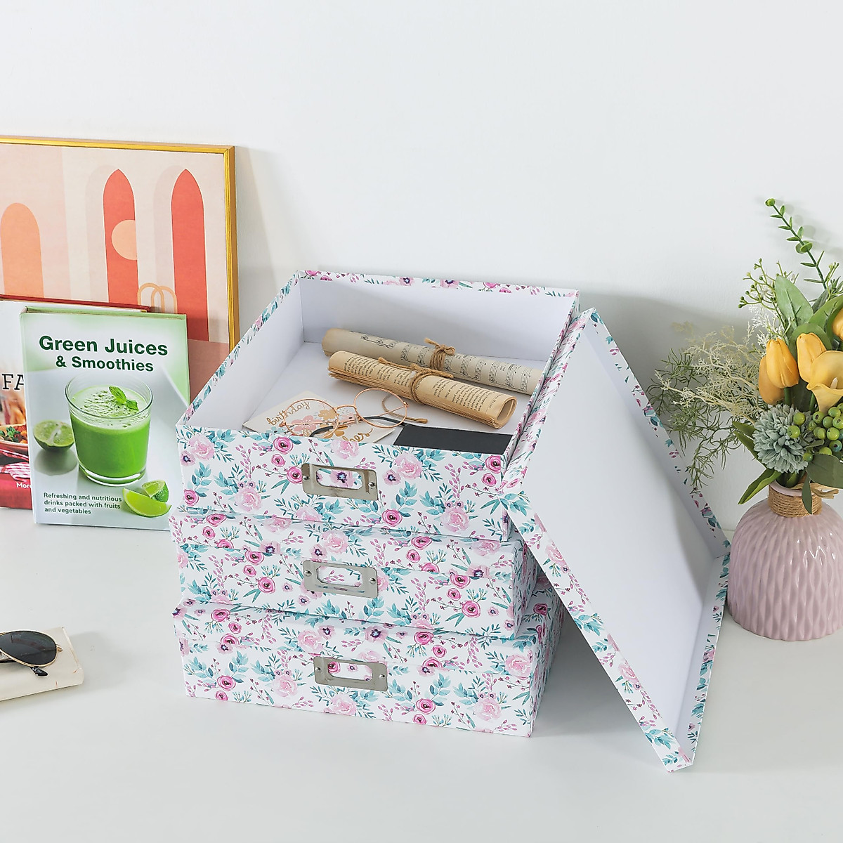 Soul & Lane Floral Decorative Storage Boxes With Lids - Set of 3: Pretty Archival Photo Storage Boxes, Letter and Document Box, Scrapbook Storage Box, Nesting Paperboard Keepsake Memory Boxes