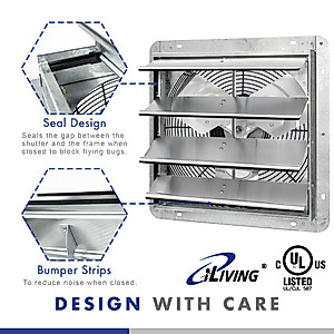 iLIVING 16" Wall Mounted Shutter Exhaust Fan, Automatic Shutter, with Thermostat and Variable Speed controller, 0.85A, 1200 CFM, 1800 SQF Coverage Area Silver (ILG8SF16V-ST)