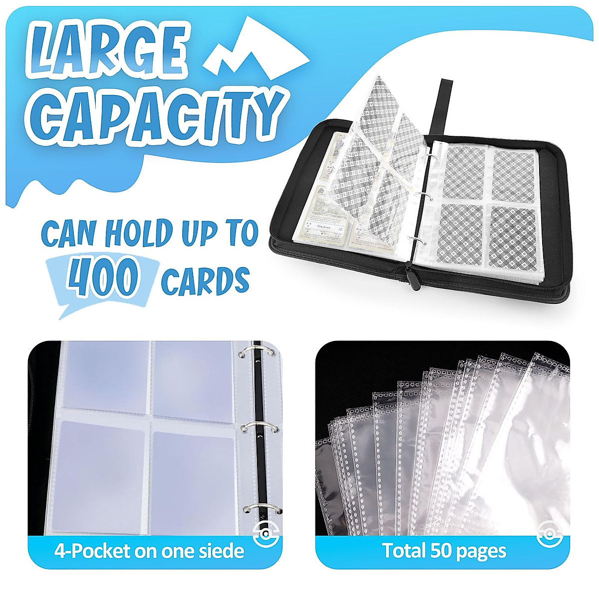 GOROMA Card Binder 4-Pockets, 400 Pockets Card Holder with 50 Removable Sleeves, Trading Card Collector Zipper Album Holder, Blue