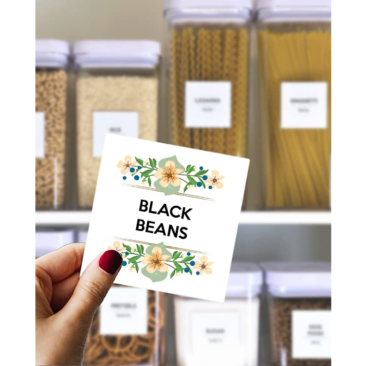 144 Pantry Labels for Food Storage Containers, Waterproof Printed on White Glossy Labels, Household Stickers + Numbers, Floral Kitchen, Water Resistant, Organization for Jars and Canister