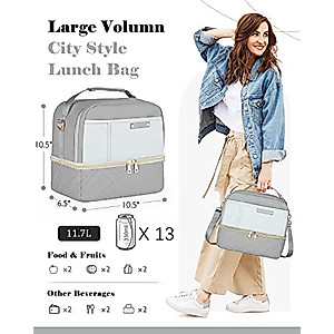 GLORIEROO Lunch Bag Women Men, Large Insulated Lunch Box Tote Cooler - Stylish Vegan Leather 2 Tier Lunch Bag with Adjustable Shoulder Strap for Adults Travel Work, Blue Grey
