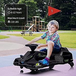24V Kids Ride on Drift Car for Kids, Electric Drifting Go-Kart Up to 7.5 mph Variable Speed, Built-in Music,Colorful Tail LED Light,USB,Low-Power Alarm (24V, Black)