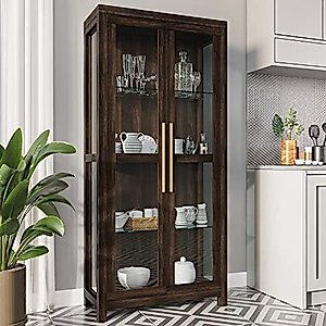 BELLEZE Storage Cabinet, Tall Bookshelf or Display Cabinet for Living Room Bedroom, Curio Cabinet with Tempered Glass Doors, Trophy Display Case, Storage/Organization - Avalon (Dark Walnut)