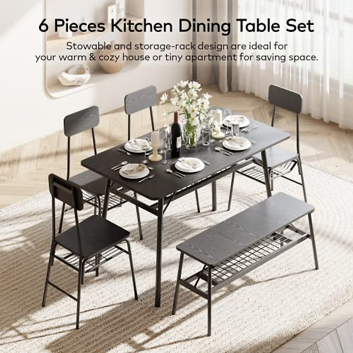 Gizoon 46'' Rectangular Dining Table Set for 6, 6-Piece Modern Dining Set for Home, Apt, 4 Chairs, Bench, Kitchen Dining Room Set w/Storage Rack for Family, Small Space, Saving Space-Black