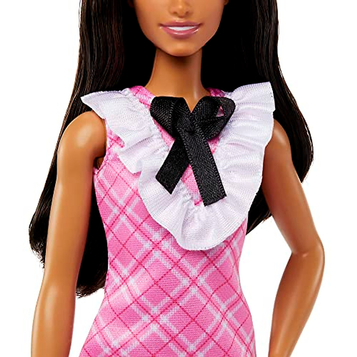 Barbie Fashionistas Doll #209 with Black Hair Wearing a Pink Plaid Dress, Pearlescent Headband and Strappy Heels, 3 years and older