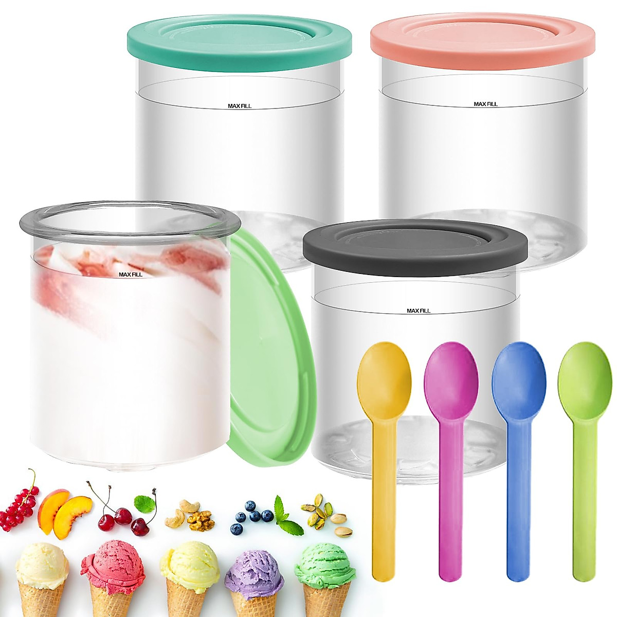 lelinker for Ninja Creami Ice Cream Maker Pints, Compatible with Ninja Creami Pints and Lids 4 Pack, [with 4 Pack Ice Cream Scoop] Compatible with nNC301,NC300,NC299AMZ Series Ice Cream Maker