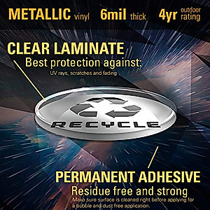 6 Pack (4in x 4in) Recycle Logo and Trash can Sticker to Organize Your Trash - 7 mil - Laminated - for Trash cans, Garbage containers and Recycle Bins - Premium Vinyl Decal (Silver Metallic)