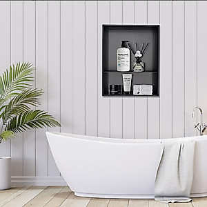 swift horse Black Double Layer Stainless Steel Shower Niche, 16" X 20" No Tile Needed Wall Niche Double Shelves, Recessed Niche Shower for Bathroom Storage Over Mount Installation