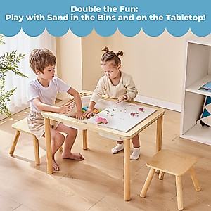 Sensory Table with 2 Chairs & 1 Roll Paper, Multifunction Wooden Sand and Water Table with Double-Side Board & 2 Foldable Storage Bins, Activity Game Table, Indoor Outdoor Use, for Kids
