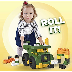 Mega BLOKS John Deere Toddler Building Blocks Toy Set, Dump Truck with 25 Pieces and Storage, 1 Figure, Green, Ages 1+ Years