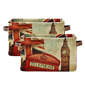 AUUXVA London UK Flag Telephone Booth Storage Bins Basket, Big Ben Union Jack Collapsible Storage Cube Rectangle Storage Box with Handles for Shelf Closet Nursery Bedroom Home Office 2 Pack