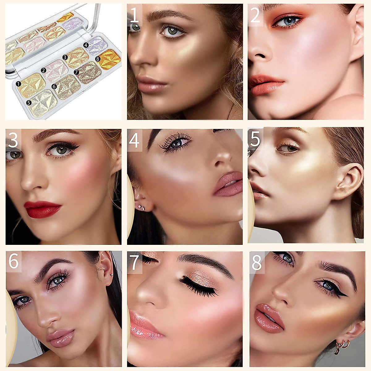 SUMEITANG 8 Colors Face Highlighter Makeup Palette，Shimmer Glitter Multichrome Highlight Powder，All Sparkling Shades Can Be layered or Worn Individually to Enhance and Brighten Your Face Features