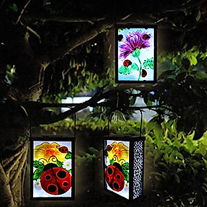SUBOLO Hanging Solar Lantern Outdoor Garden Metal Glass Ladybug Pattern LED Light Solar Powered Waterproof Landscape Table Lamp for Patio, Yard and Pathway - 1 Pc