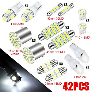 HIPOPY 42 Pcs Car LED Lights Kit, Auto Interior Bulbs Set, 6000K 12V T10 For Accessory, Brake, License Plate, Map, Parking Lights