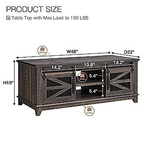 OKD 48'' Coffee Table with Storage & Sliding Barn Doors, Farmhouse & Industrial Center Table w/Adjustable Shelves for Living Room, Rectangular Black Rustic Cocktail Table w/2 Cabinets, Dark Rustic Oak