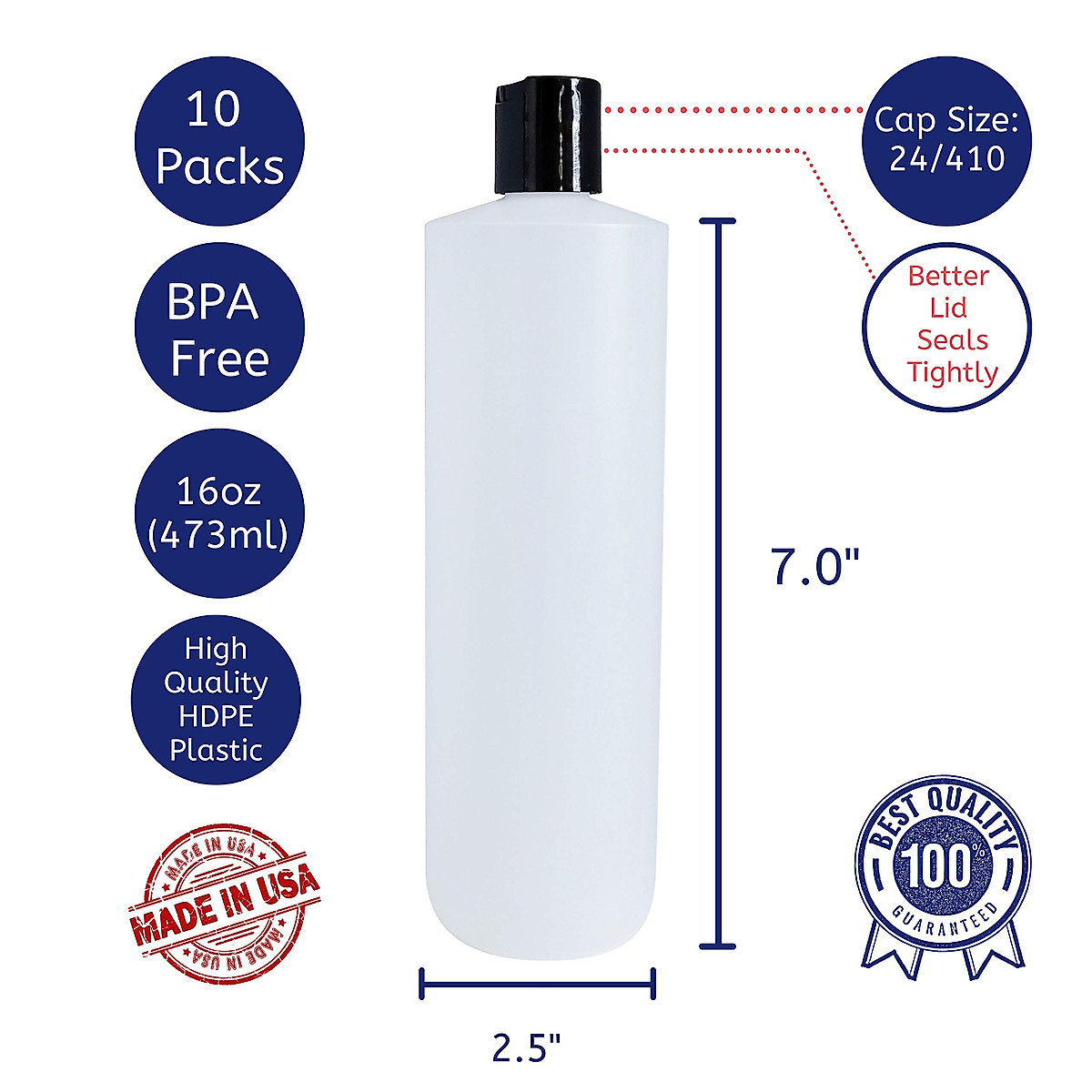 kelkaa 16oz HDPE Durable Squeezable Plastic Bottles with Black Press Disc Top Cap Natural Clear Container for Any Liquid Products, Multi-Purpose Empty Refillable Bottles (Pack of 10)