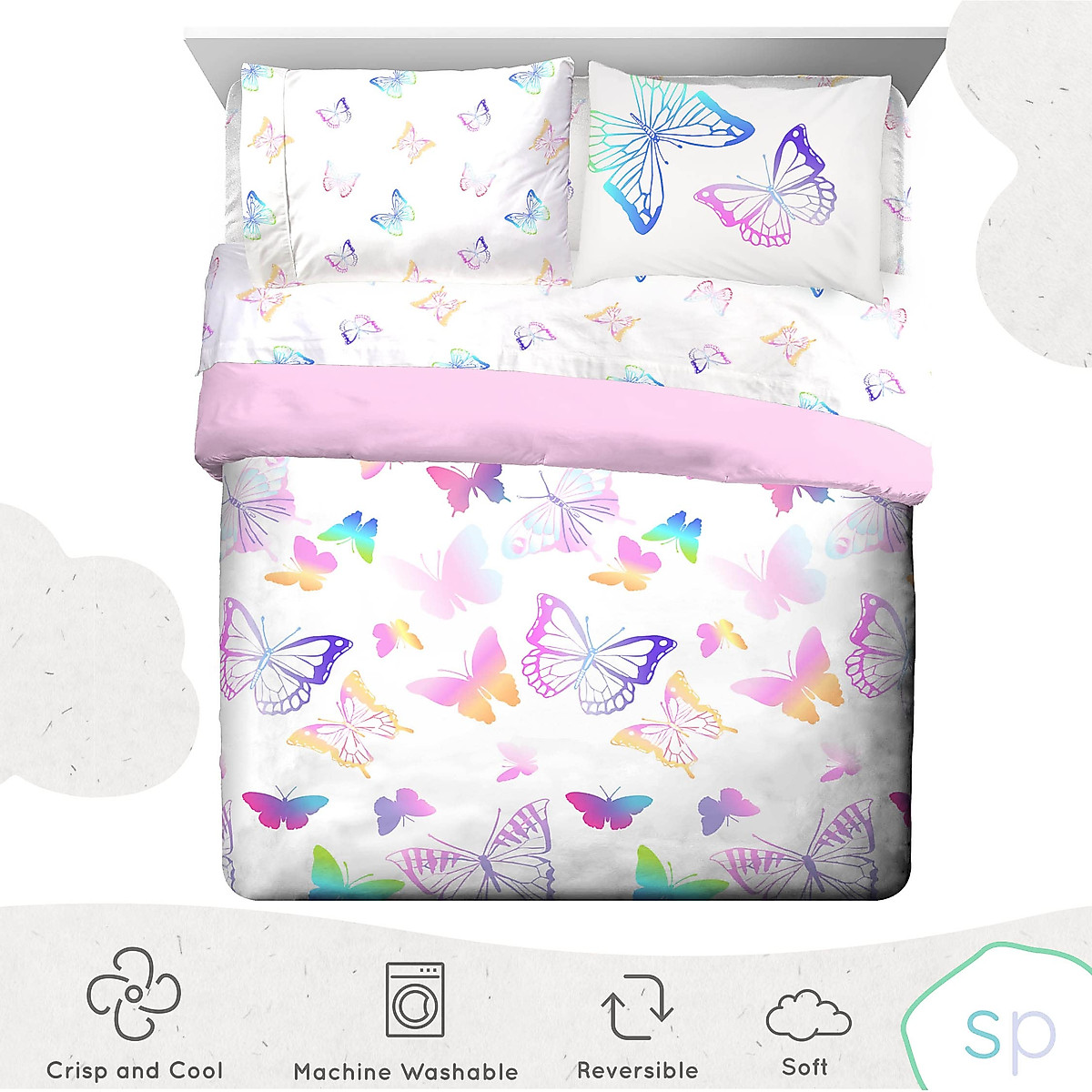 Saturday Park Ombre Butterflies Queen Bed Set - 7 Piece 100% Organic Cotton Bedding - GOTS & Oeko-TEX Certified