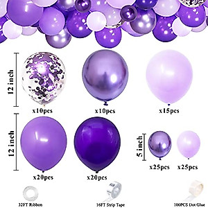 Purple Shades Balloons Garland Arch Kit-128Pcs 5” 12” Dark Pastel Light Metallic Confetti Purple Balloons Arch Set for Purple Wedding Birthday Baby Shower Graduation Party Decorations