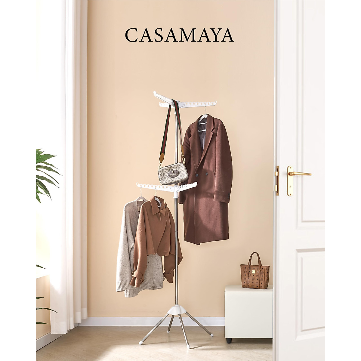 CASAMAYA Clothes Drying Rack Foldable, 74.8 inch 2 Tier Laundry Drying Rack with Rotating Clothes Rail for 54 Pieces of Clothes, Space Saving, Indoor, Stainless Steel, White and Silver CDR002W01