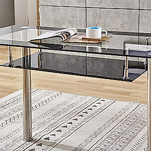 QIHANG-US Glass Dining Table with Storage Shelf, 2-Tier Kitchen Table for 2-6 People 47" Rectangular Dining Room Table with Chrome Metal Legs for Dining Guest Reception