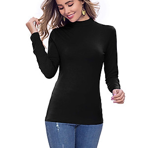 VOBCTY Women Long Sleeve Turtleneck Casual Base Layer Slim Fitted Mock Neck T-Shirts Black Medium