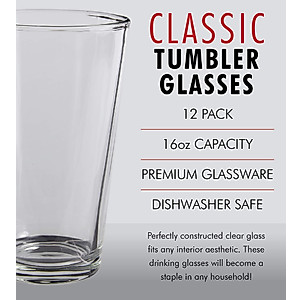 Kitchen Lux Pint Beer Glasses Set of 12 – 16 oz Tall Clear Drinking Glasses and All Purpose Tumblers – Heavy Base Cocktail, Water, Juice Glass – Pub Style Design For Home Dining, Bars, and Parties