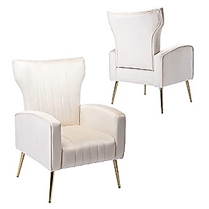 KCC Velvet Accent Living Room Chairs Set of 2, Mid Century Armchair with High Back for Bedroom, Upholstered Single Sofa with Golden Metal Legs,Cream