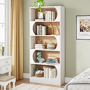 Tribesigns 5-Tier Book Shelf, Modern 71" Bookcase, Tall Freestanding Bookshelf with Storage Shelves, Large Open Bookcases Wood Display Shelving Unit for Bedroom Living Room Office (White and Walnut)