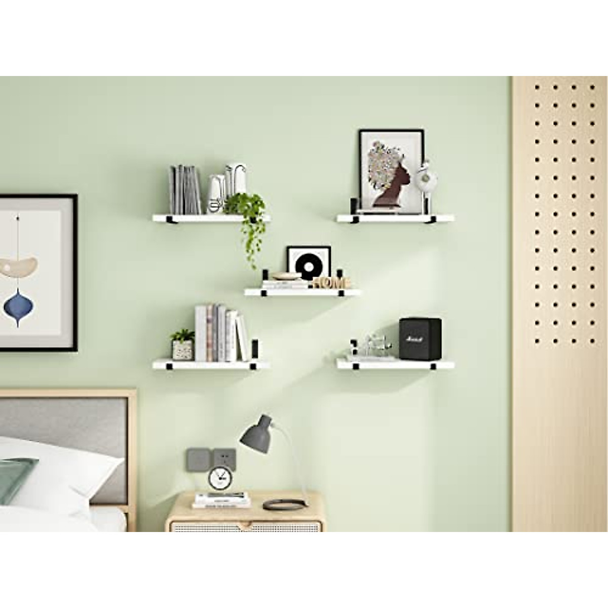 YGEOMER Floating Shelves, White Shelves, Set of 8, Rustic Wall Shelves, Wood Floating Shelf for Bedroom, Living Room, Book and Bathroom