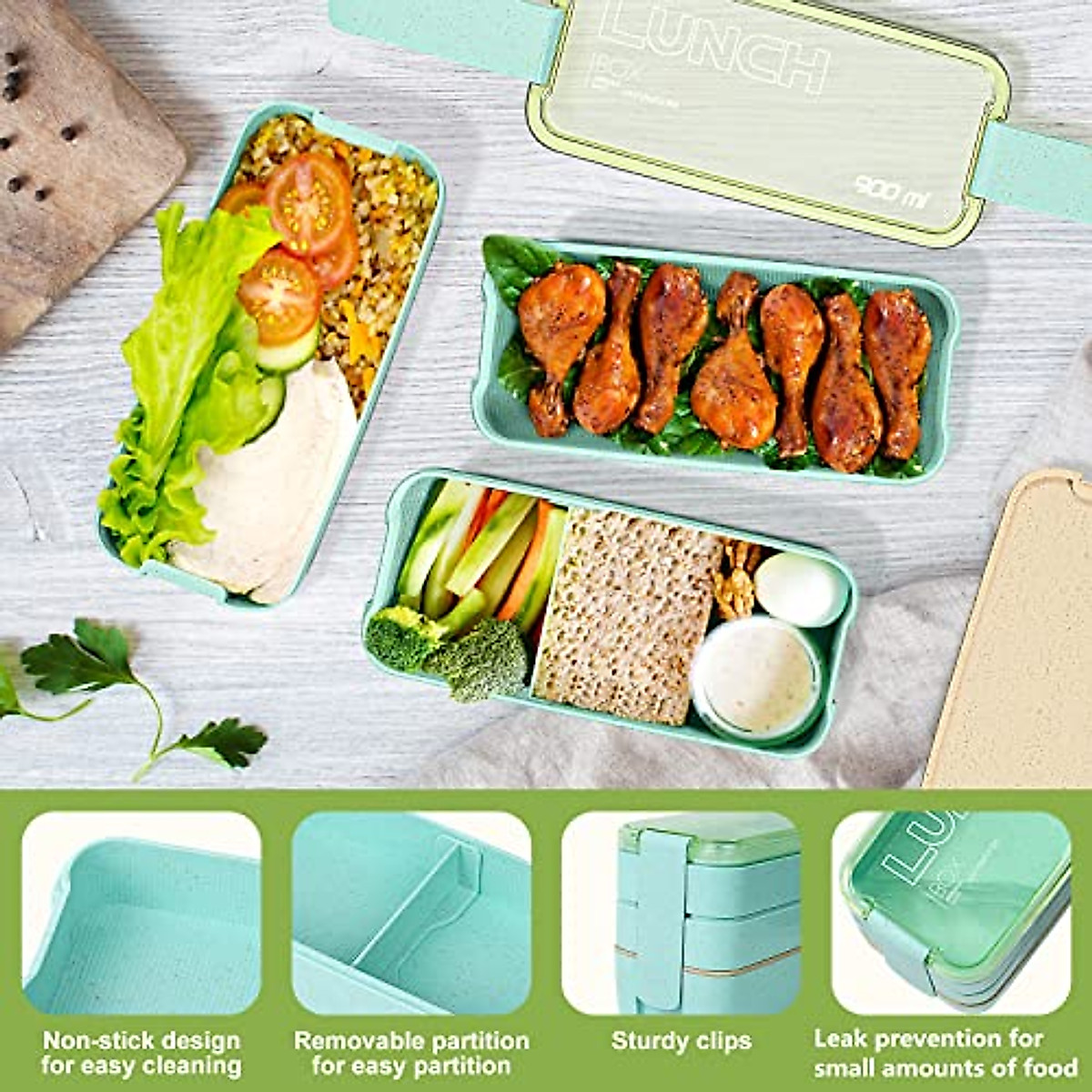 Korlon 30 Pcs Bento Box Adult Lunch Box Kit, 3-In-1 Compartment Japanese Lunch Box Kids with Spoon & Fork, 3 Layer Stackable Lunch Containers for Adults