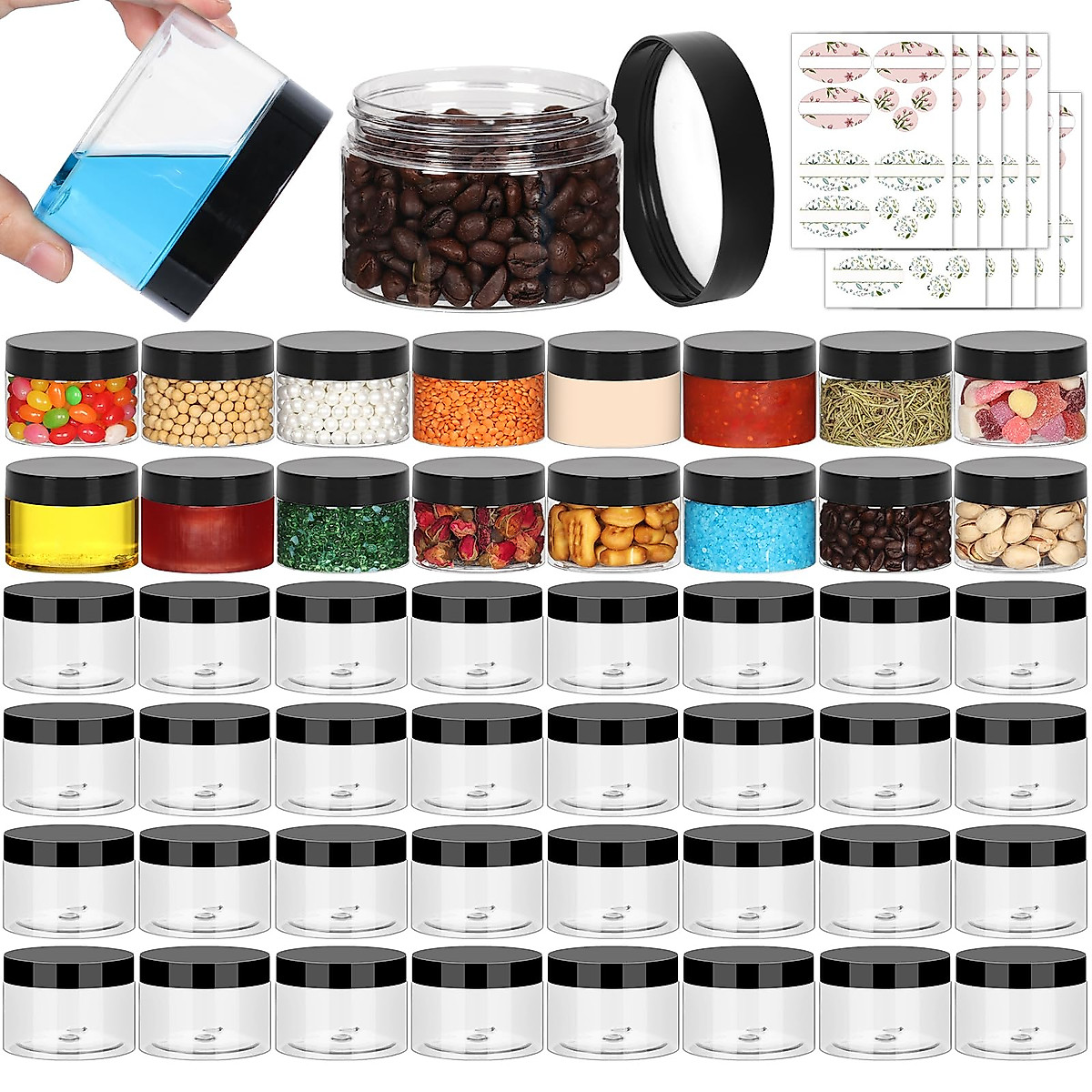 4oz Plastic Containers with Lids 48Pack, Jaisie.W Clear 4 oz Plastic Jars with Lids&Labels- Refillable Cosmetic Small Containers with Black Screw Lid/Slime Containers (4 fl.oz, 48Pack)