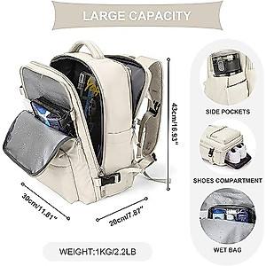 Brabola Travel Backpack, Large Laptop Backpack with USB Charging Port Waterproof College Backpack Hiking Backpack Carry on for Men and Women, Teens, School, Business, Outdoor Sports (Beige)