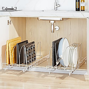 FANHAO Slide Out Cutting Board, Bakeware, and Tray Organizer, Pull Out Kitchen Cabinet Organizer Pan and Pot Lid Organizer, Sliding Rack for Cookie Sheet- 10 inch wide x 20.9 inch deep – Chrome