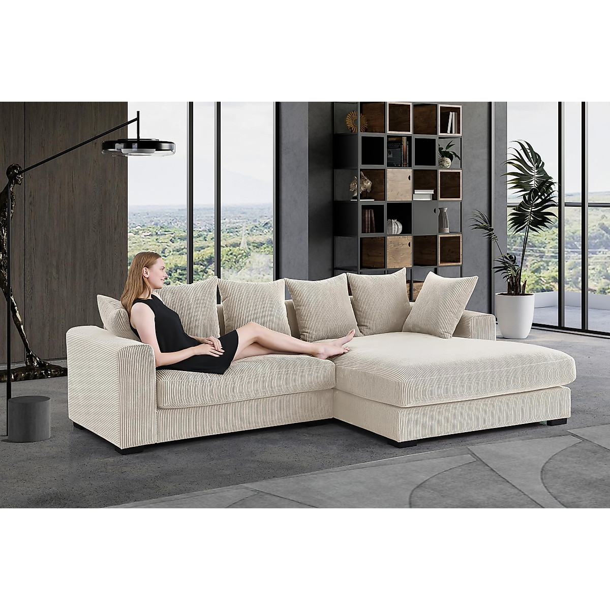 ACQCA 110" Modern Sectional Sofa with Right Facing Chaise, L Shaped Sleeper Couch with 6 Throw Pillows, Corduroy Loveseat for Living Room, Apartment, Beige 1