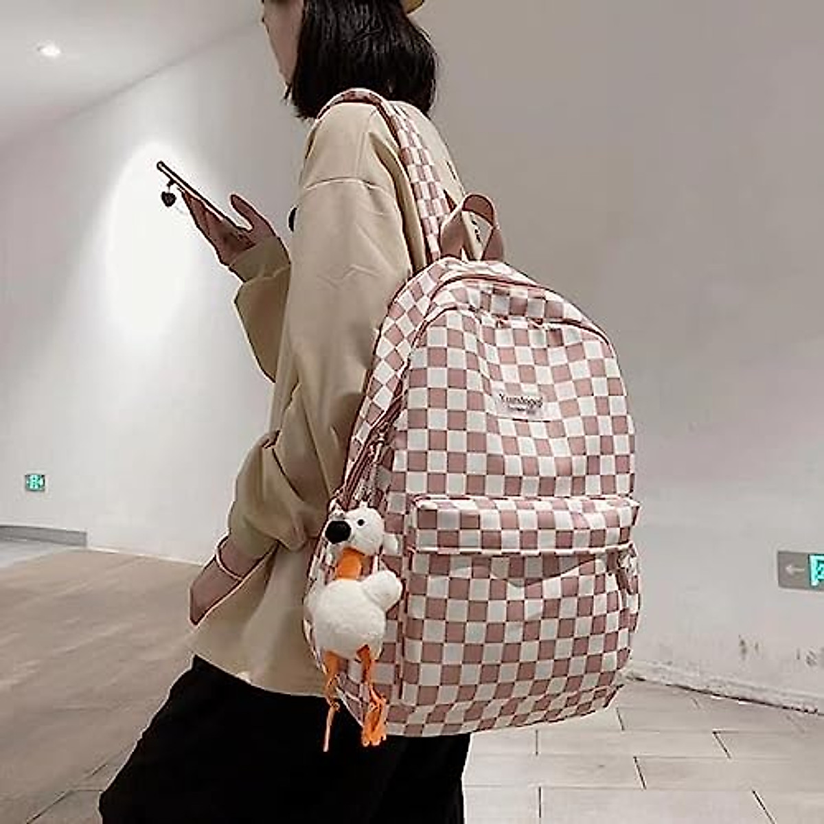 Cute Aesthetic Backpack Checkered Kawaii Backpack with Cute Pendant Checkerboard Casual Daypack College Laptop Bookbag (One Size,Pink)