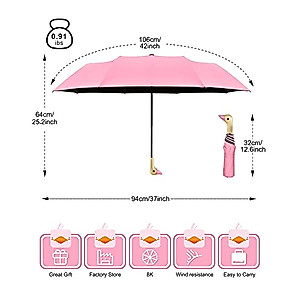 LEAGERA Compact Small Umbrellas for Rain&Sun, Cute Design Duck Head Umbrella for Girls Gifts, 8 Ribs Folding Umbrella with Wooden Handle, Pink