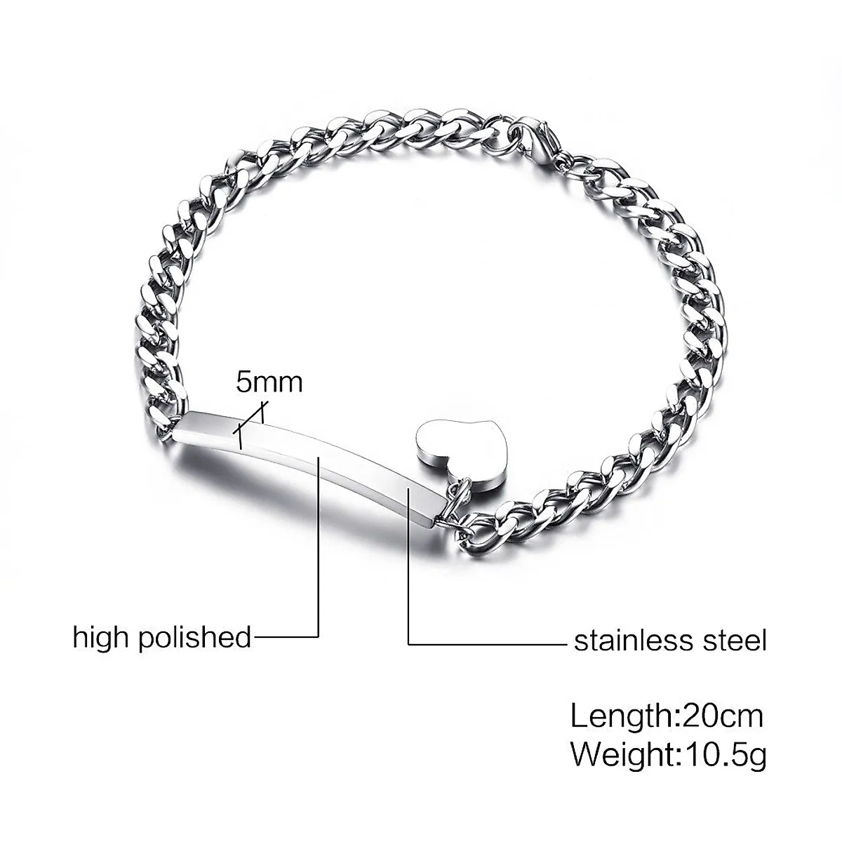 VNOX Custom Engraved Personalized ID Tag Stainless Steel Bar Bracelet with Heart Charm for Women,8.0"
