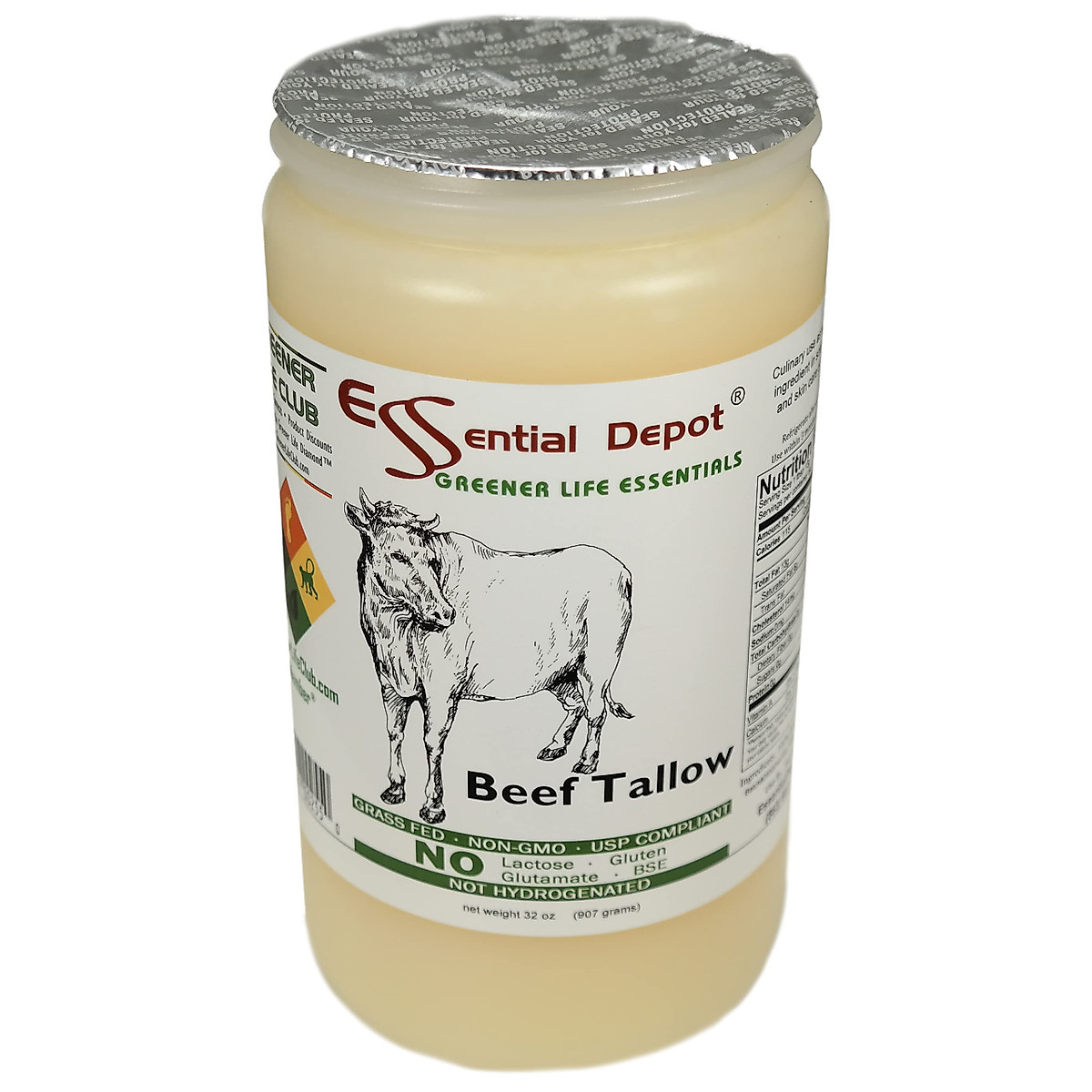 Beef Tallow - 1 Quart (32 oz nt wt) - Grass Feed - Non-GMO - Keto Friendly - Food Grade - FREE from LACTOSE-GLUTEN-GLUTAMATE-BSE - safety sealed HDPE container with resealable cap