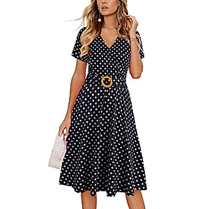 Fit and Flare Dresses for Women Elegant Criss-Cross V Neck Vintage Short Sleeve Work Casual Tea Dress with Pockets 980 Black Dot XL