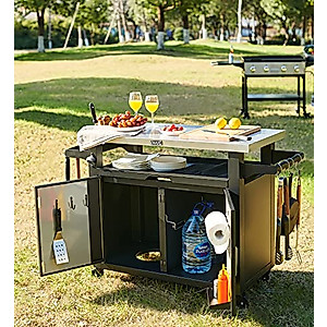 NUUK Pro 42-Inch Rolling Outdoor Kitchen Island and BBQ Serving Cart, with Heavy Duty Wooden Cutting Board and Propane Tank Holder